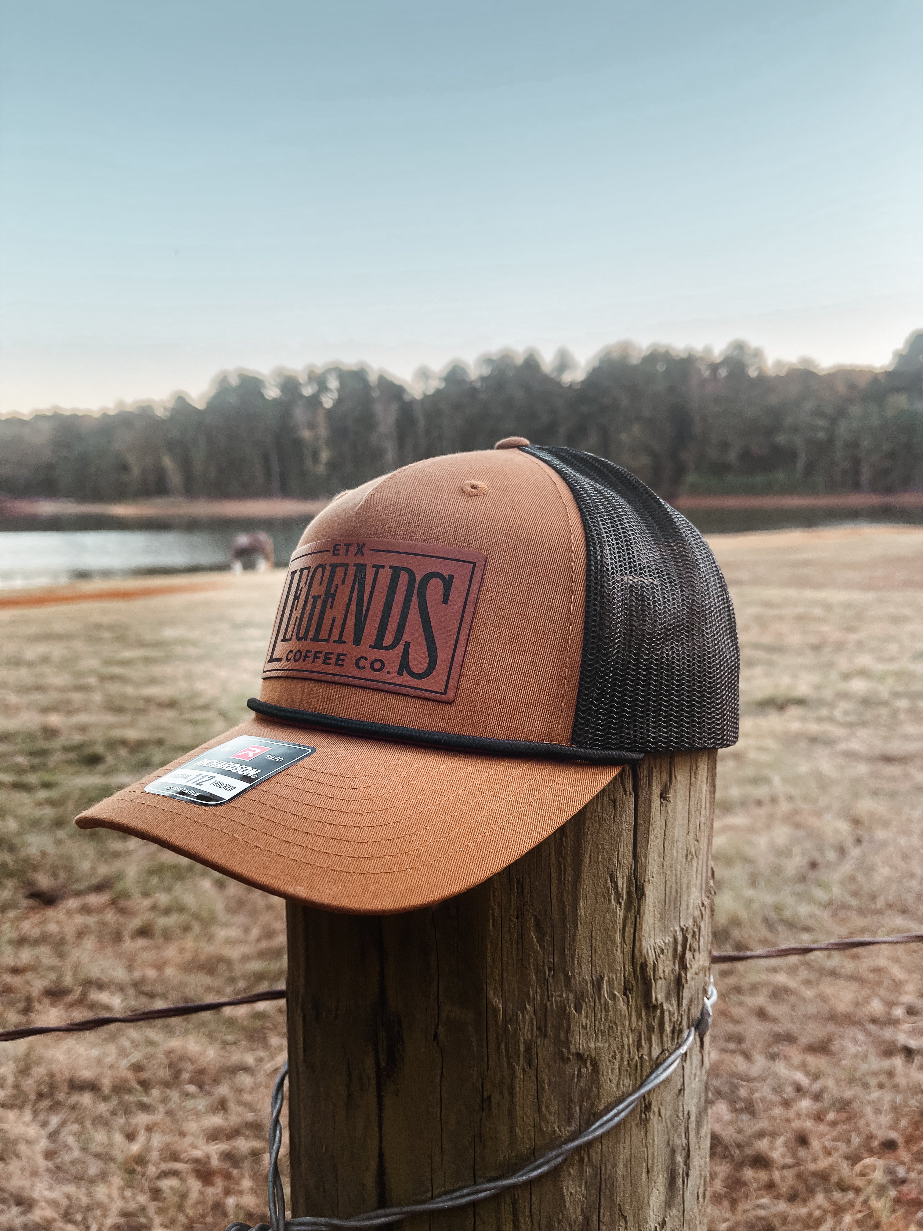 Trucker Hat - Caramel/Black with Leather Patch and Rope – ETX Legends Coffee Co.